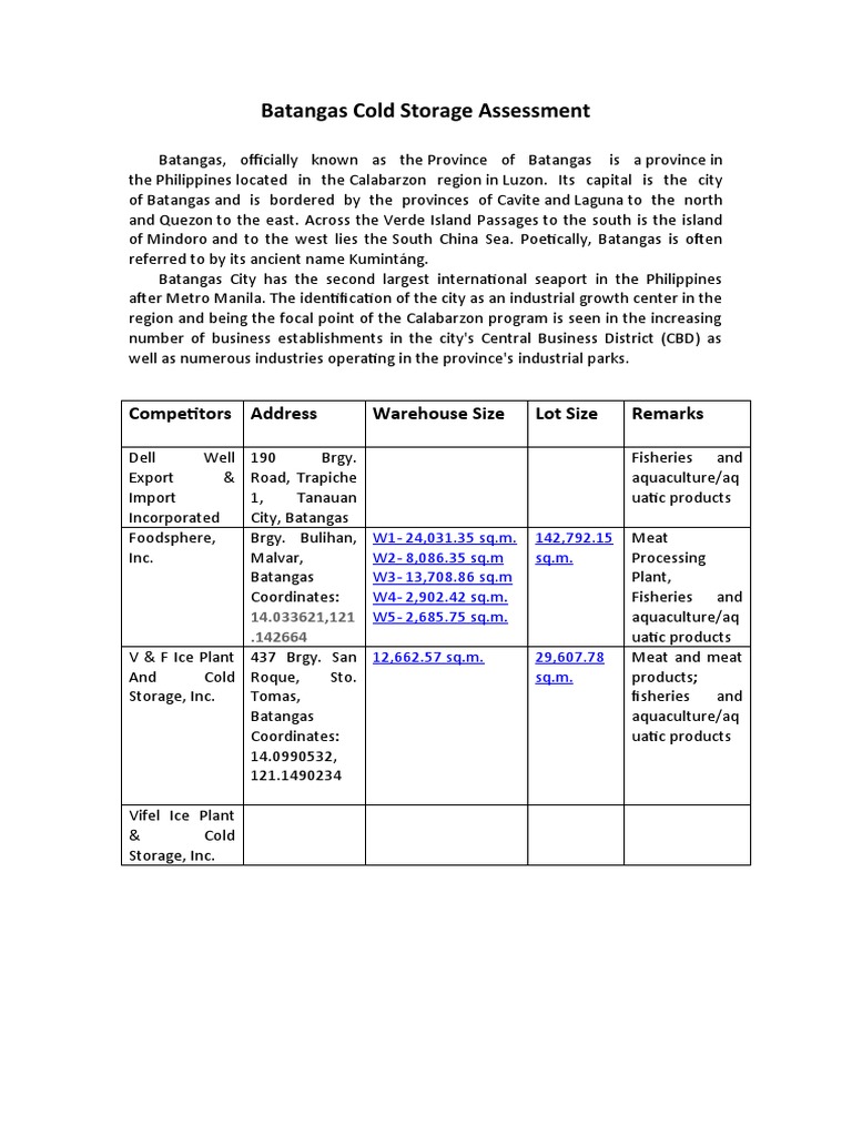 Batangas Cold Storage Assessment | PDF | Food Industry | Agriculture