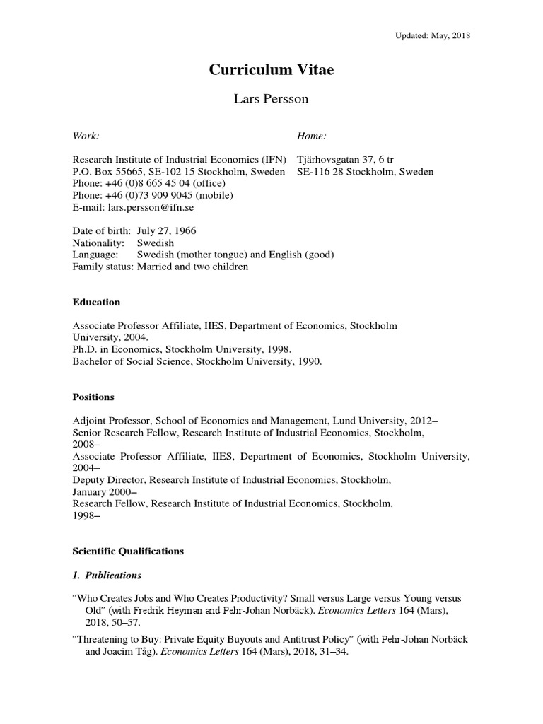 Lars Persson CV May 2018-CEPR | PDF | Mergers And Acquisitions ...