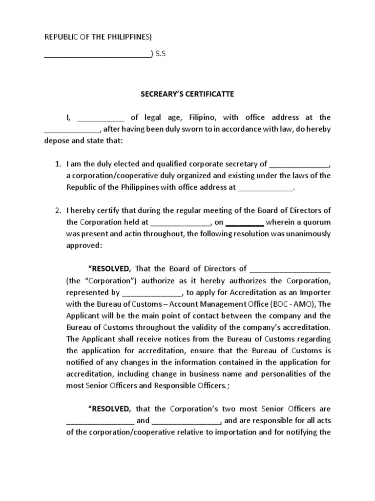 Secretarys Certificate - Authorized Signatories (BOC) Template | PDF ...