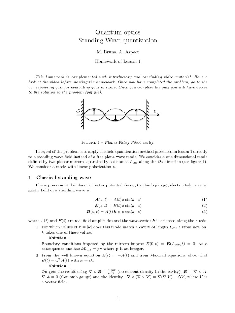 Quantum Optics Standing Wave Quantization: M. Brune, A. Aspect Homework of Lesson 1 | PDF ...