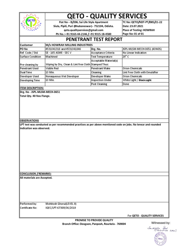 Qeto - Quality Services: Penetrant Test Report | PDF