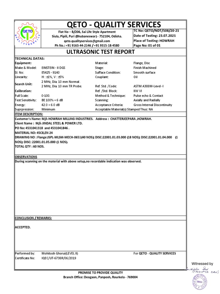 Ultrasonic Testing Report for Flanges and Discs from M/s HOWRAH MILLING ...