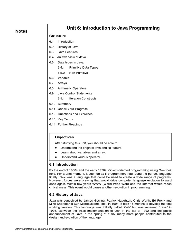 Unit 6 Introduction To Java Programming Notes Pdf Java Programming Language Java