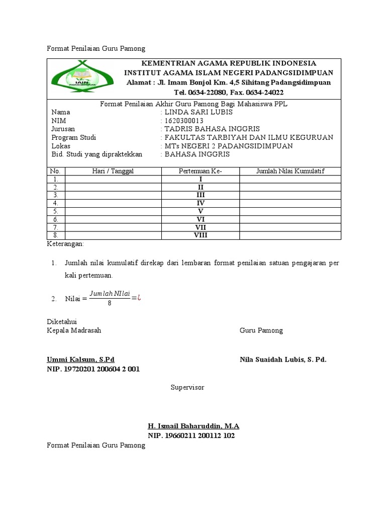 Format Penilaian Guru Pamong Untuk PPL (Praktek Pengalaman Lapangan) | PDF