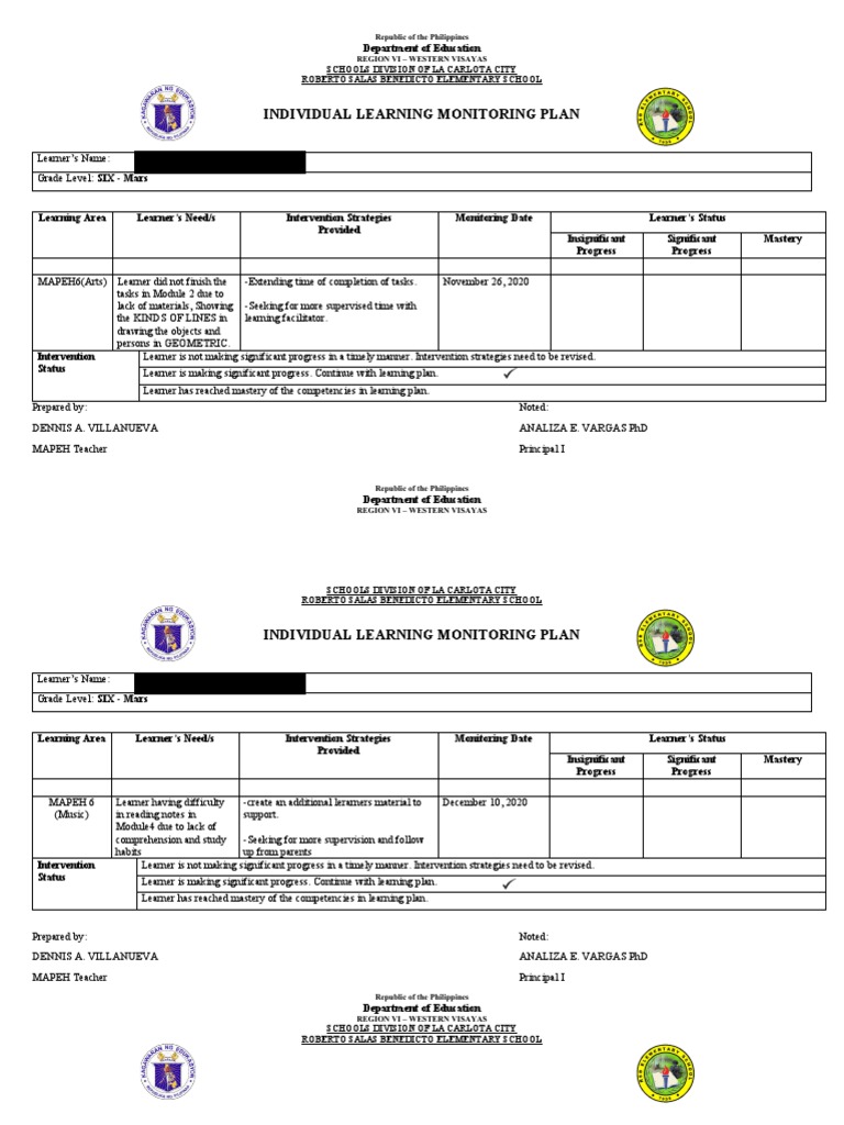 Individual Learning Monitoring Plan: Department of Education | PDF ...