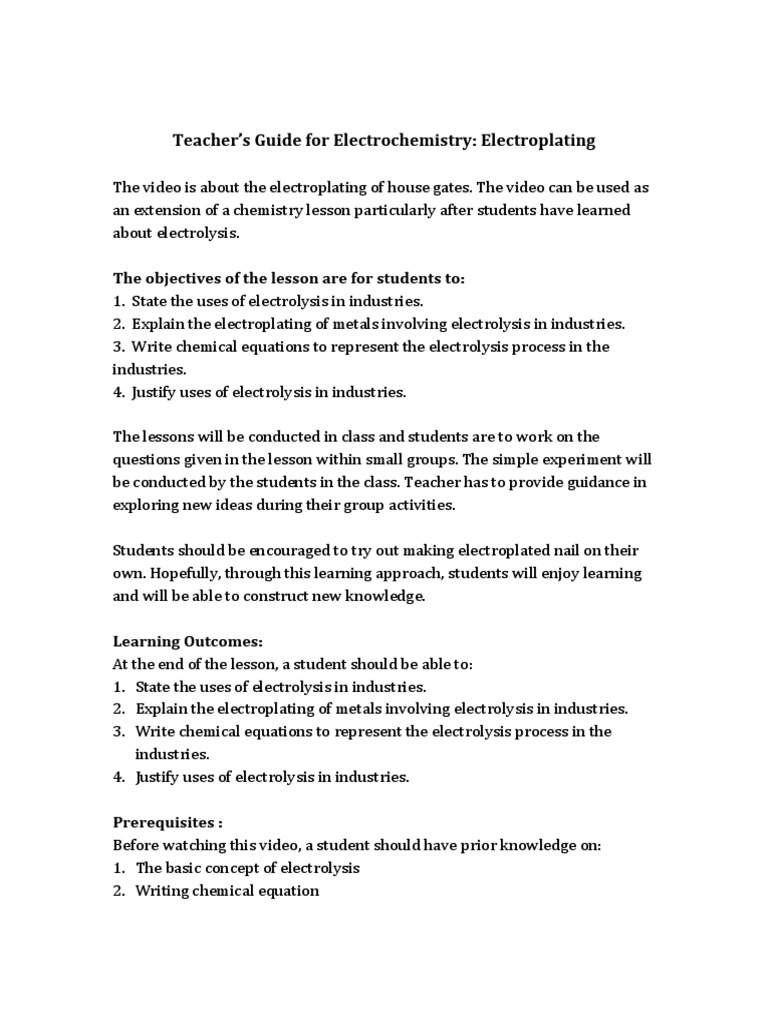 Teacher's Guide For Electrochemistry: Electroplating | PDF | Electrochemistry | Chemistry