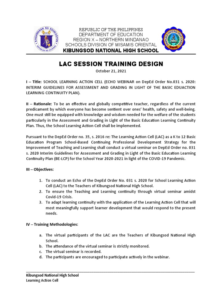 Lac Session Training Design: Kibungsod National High School | PDF ...