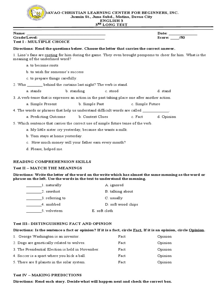 GRADE-3-ENGLISH-Sample Test | PDF | Verb | Grammatical Tense