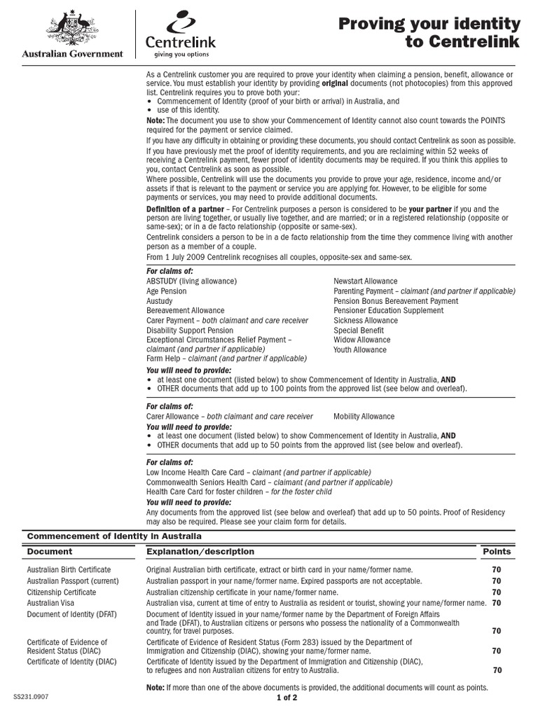 Centrelink Proof of Idenity Points | PDF | Identity Document | Birth ...