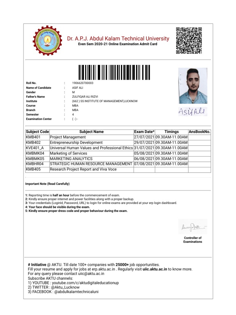 MBA 4th Semester Admit Card Download | PDF