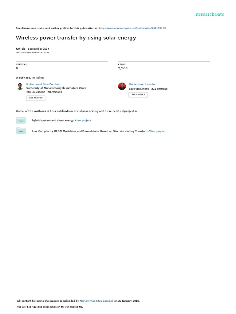 Wireless Power Transfer by Using Solar Energy: September 2014 | PDF ...