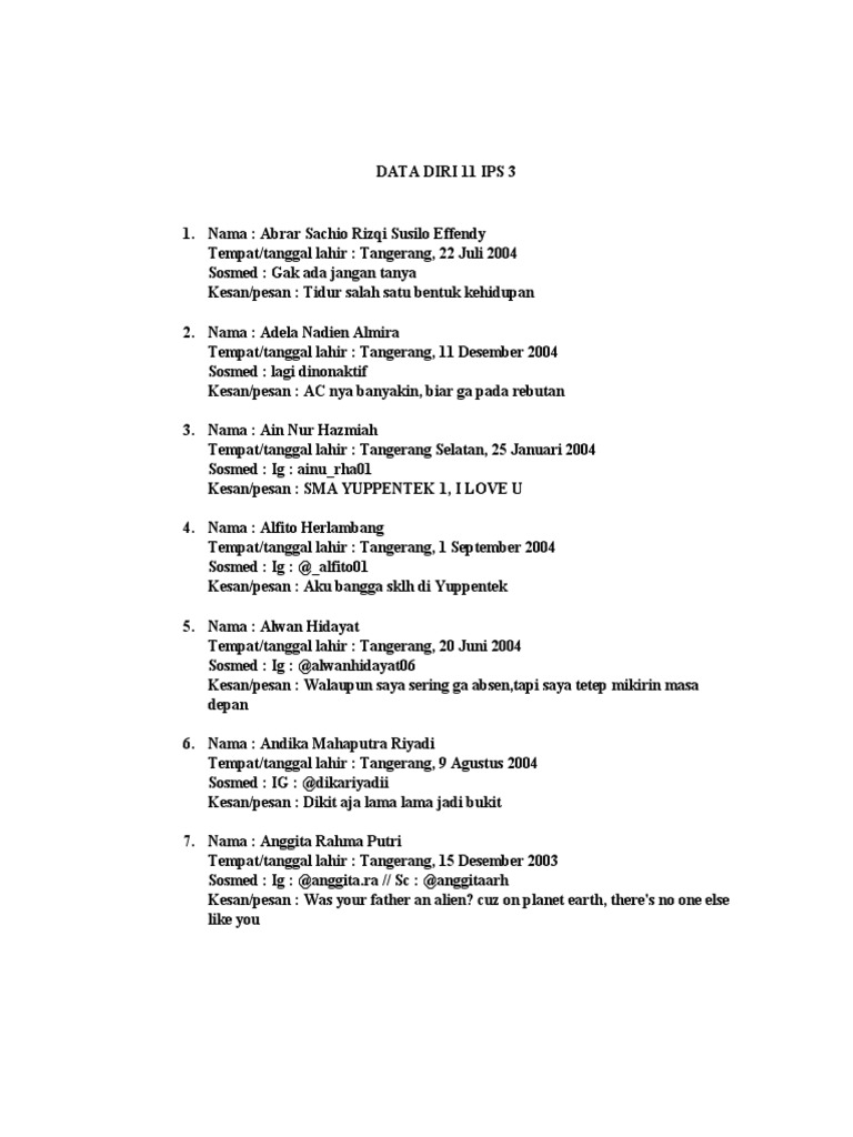 Data Diri Kelas 11 Ips 3 | PDF