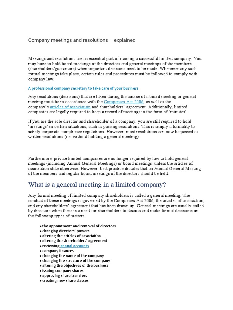Company Meetings and Resolutions Guide | PDF | Articles Of Association ...