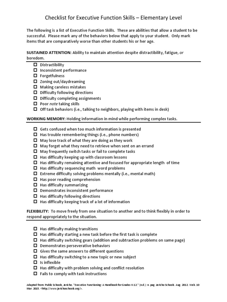 Checklist For Executive Function Skills | PDF | Executive Functions ...
