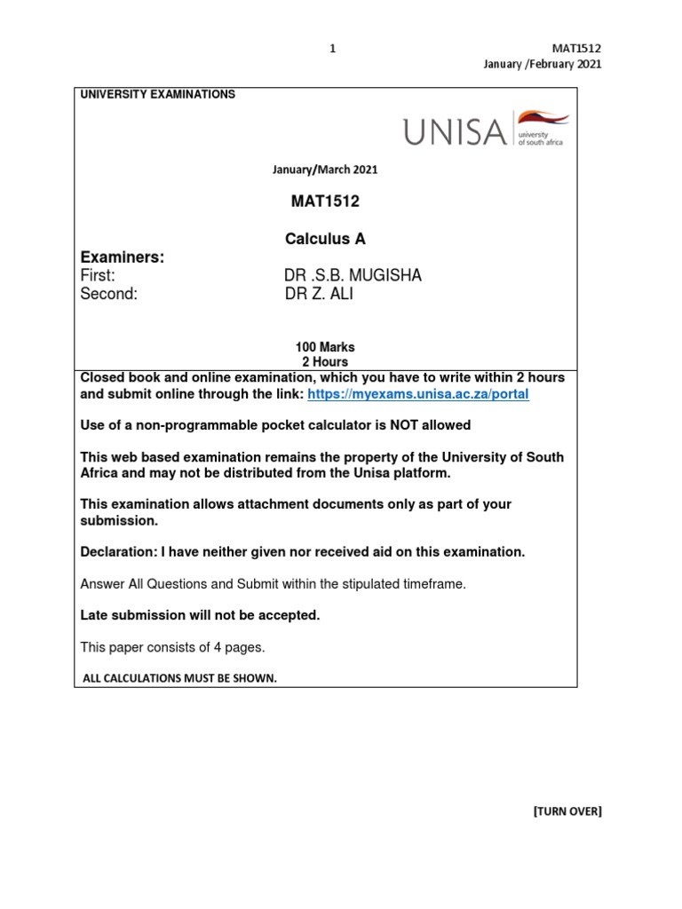 MAT1512 Calculus A Examiners | PDF | Derivative | Analysis