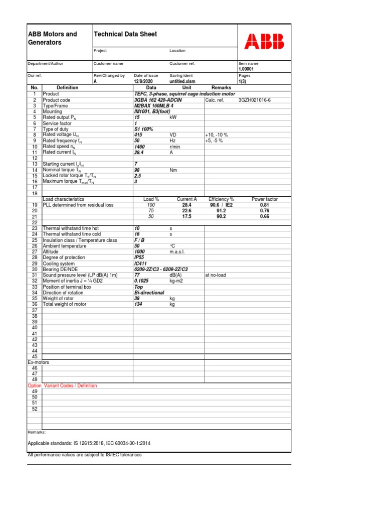 ABB Motors and Technical Data Sheet Generators: No. Data Unit Remarks ...