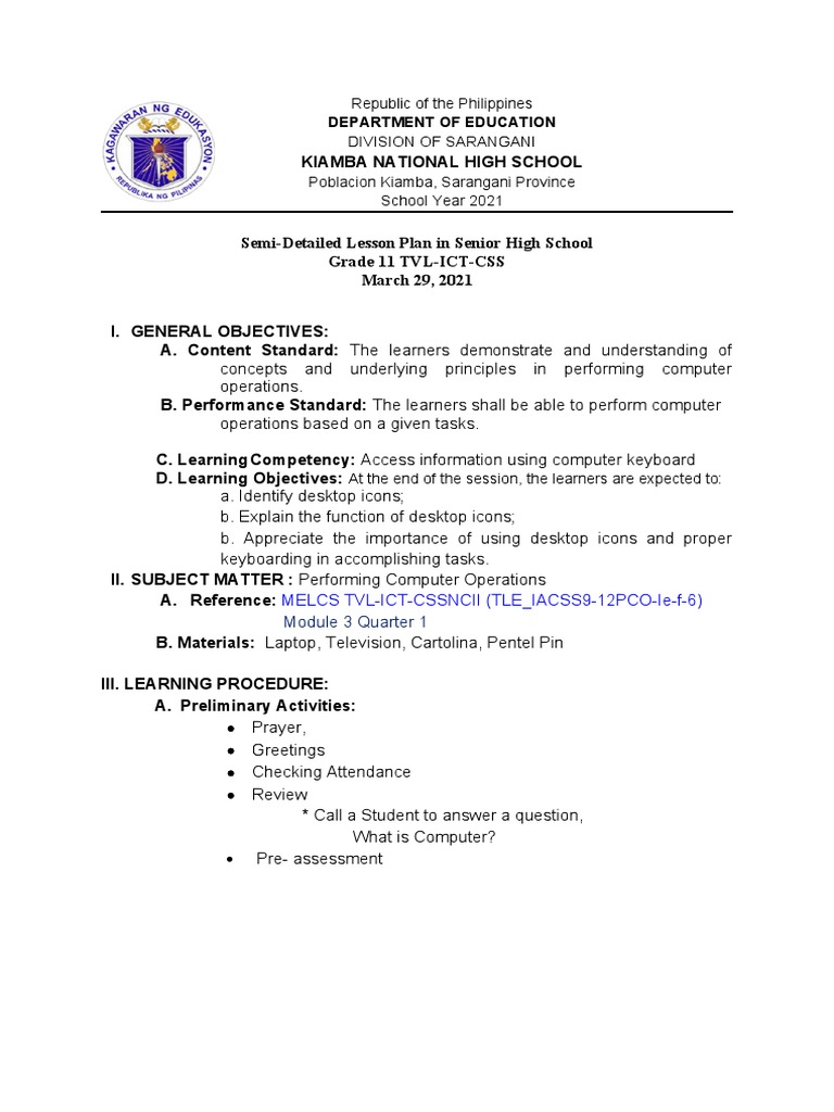 TVL Ict Css Grade 11 Lesson Plan qrtr.1 Module 3 | PDF | Teachers | Icon (Computing)