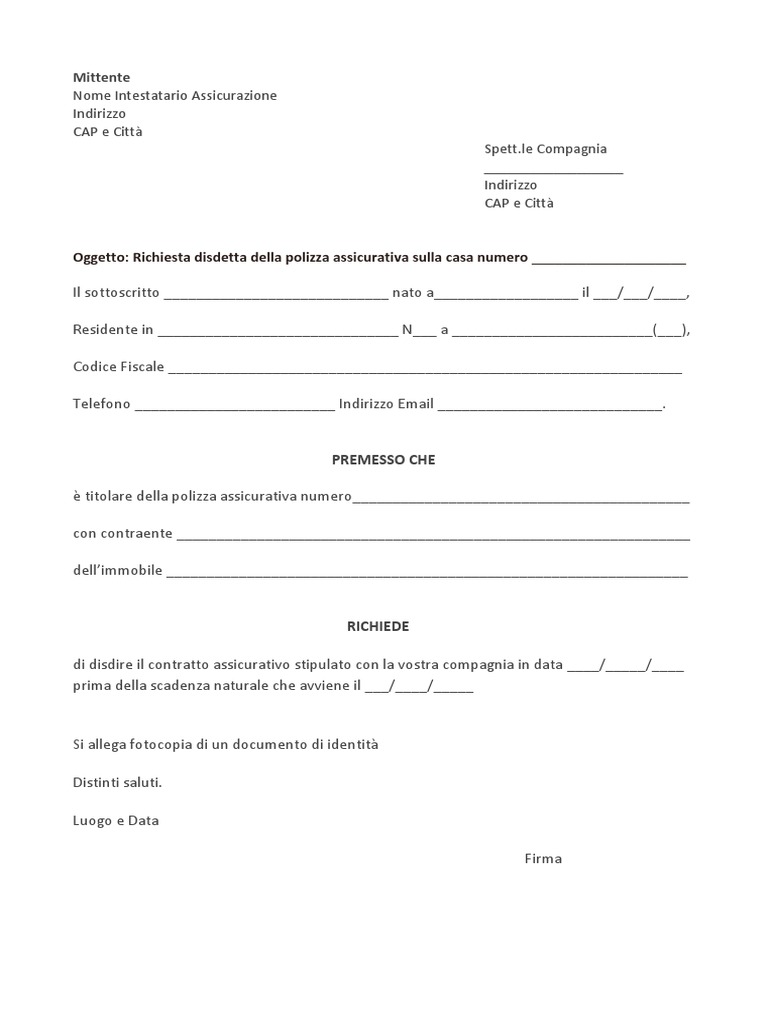 Modulo Fac Simile Disdetta Polizza Assicurativa Casa | PDF