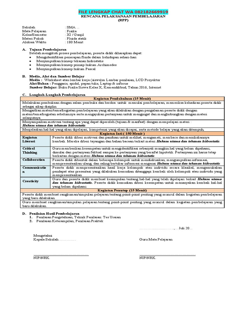 Contoh RPP 1 Lembar Fisika Kelas 11 | PDF