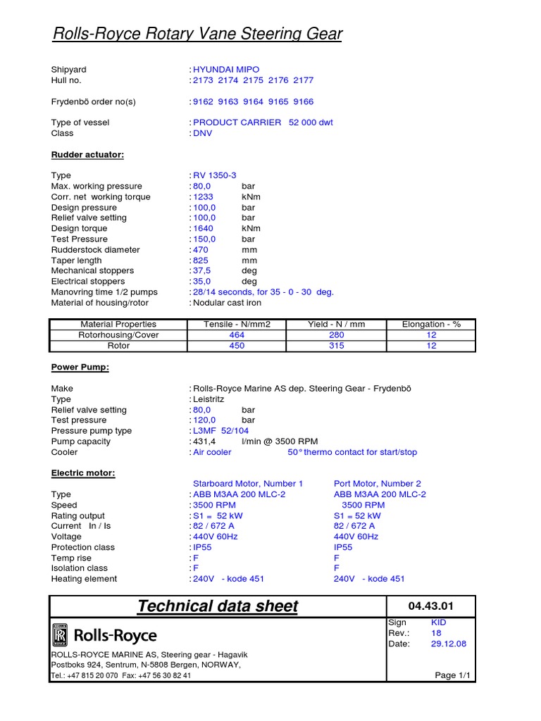 Rolls-Royce Rotary Vane Steering Gear Details | PDF | Pump | Electrical ...