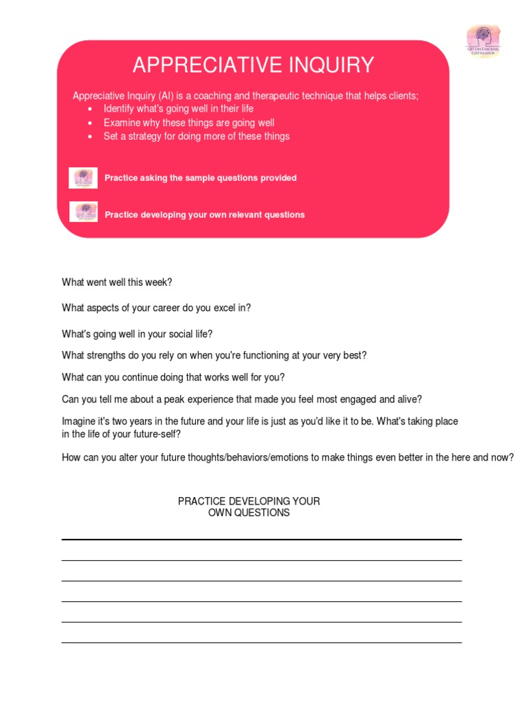 Appreciative Inquiry Worksheet CBT Coach Certification Course | PDF