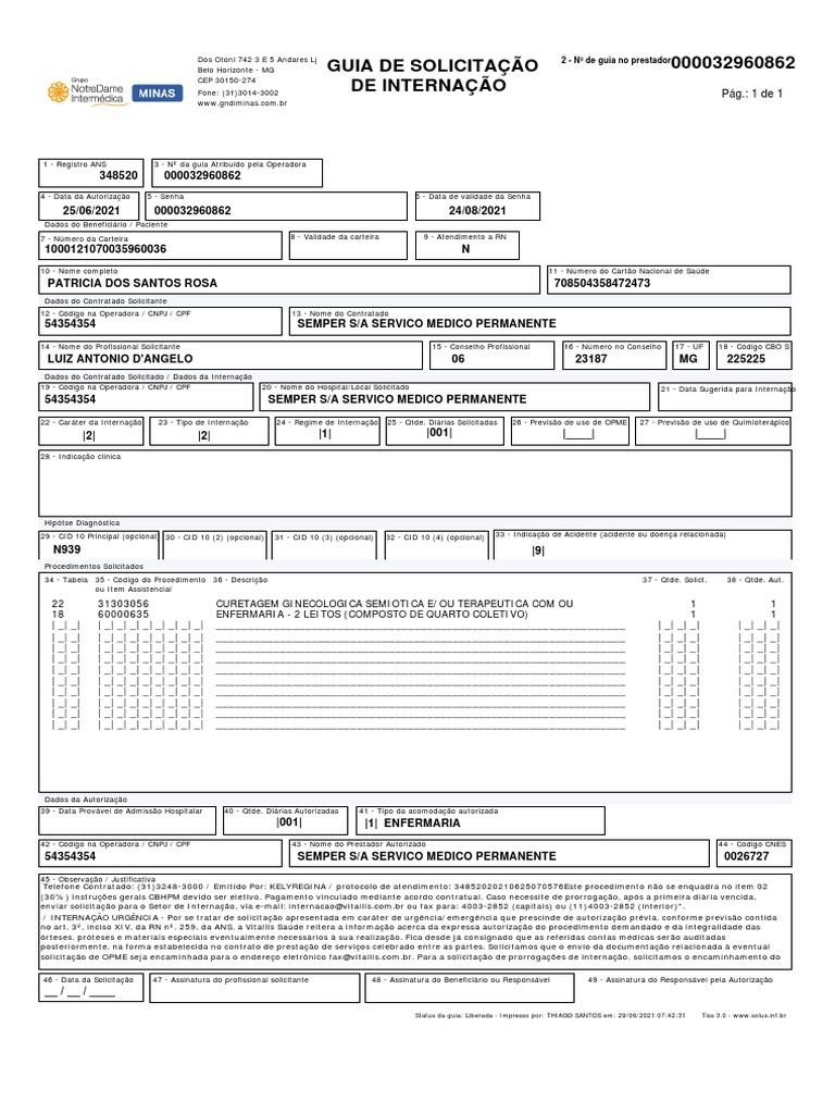 Guia TISS 32960862 - Guia - Internacao - Arquivo1 | PDF | Ciências da Saúde