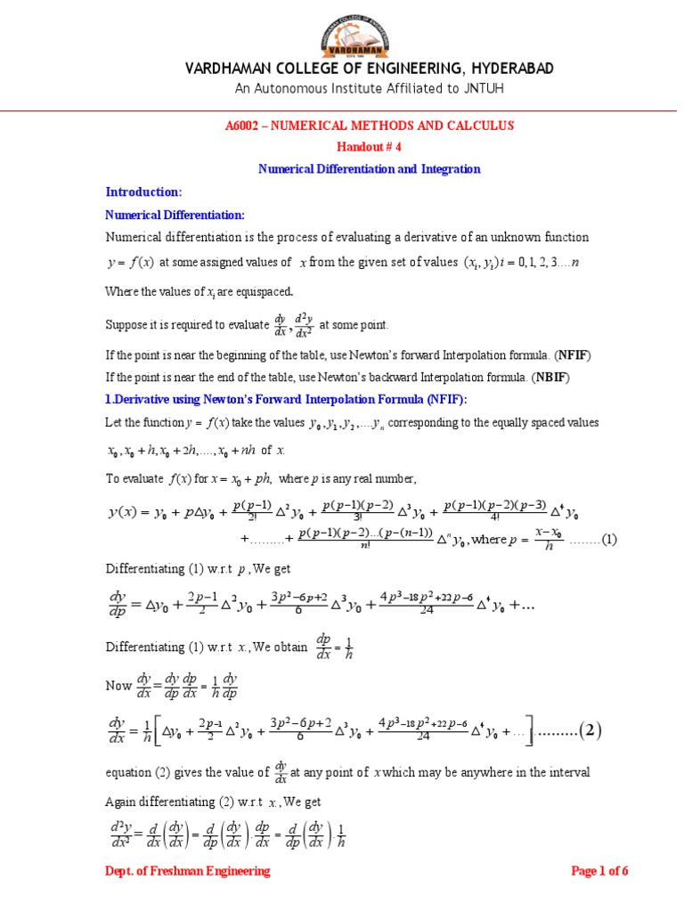 Vardhaman College Numerical Methods and Calculus Handout | PDF | Derivative | Acceleration
