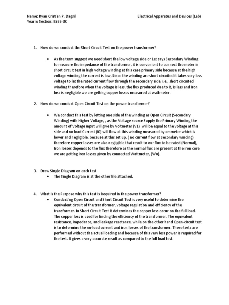 Short and Open Circuit Test On Transformer | PDF | Transformer ...