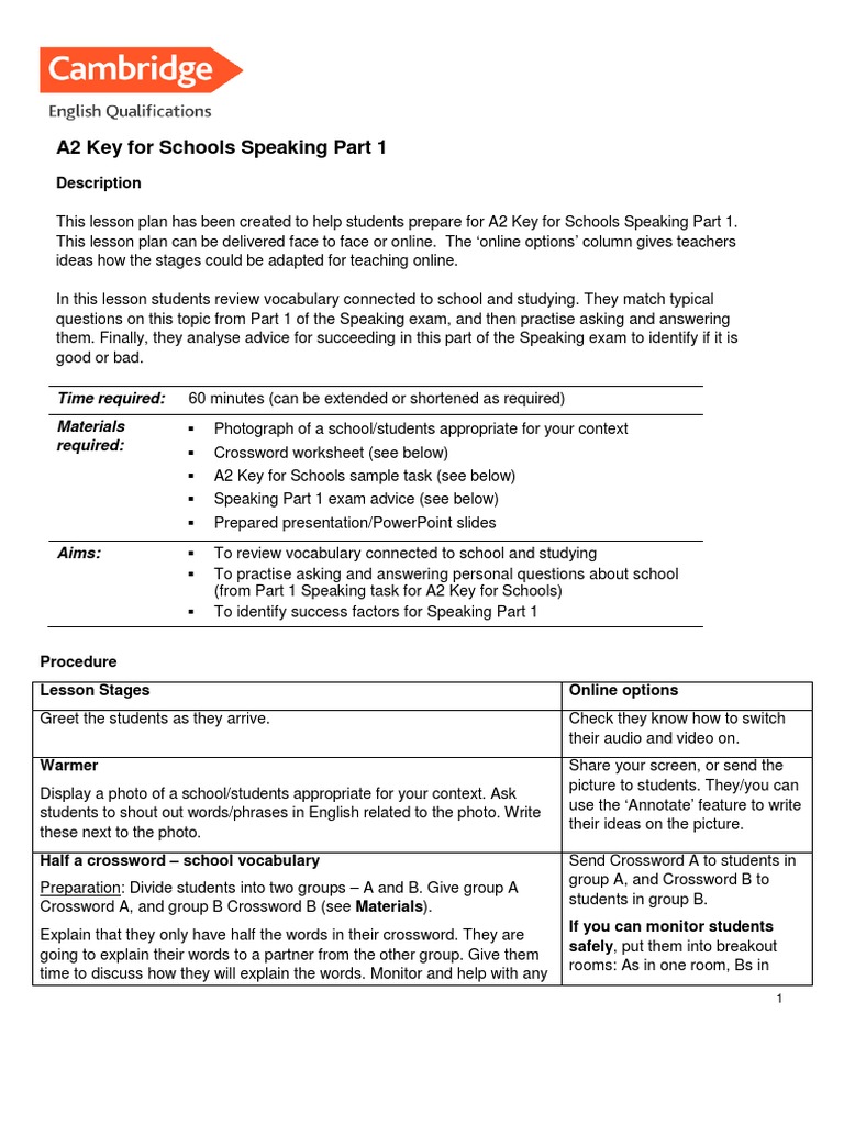 Online Teaching A2 Key For Schools Speaking Part 1 | Download Free PDF ...