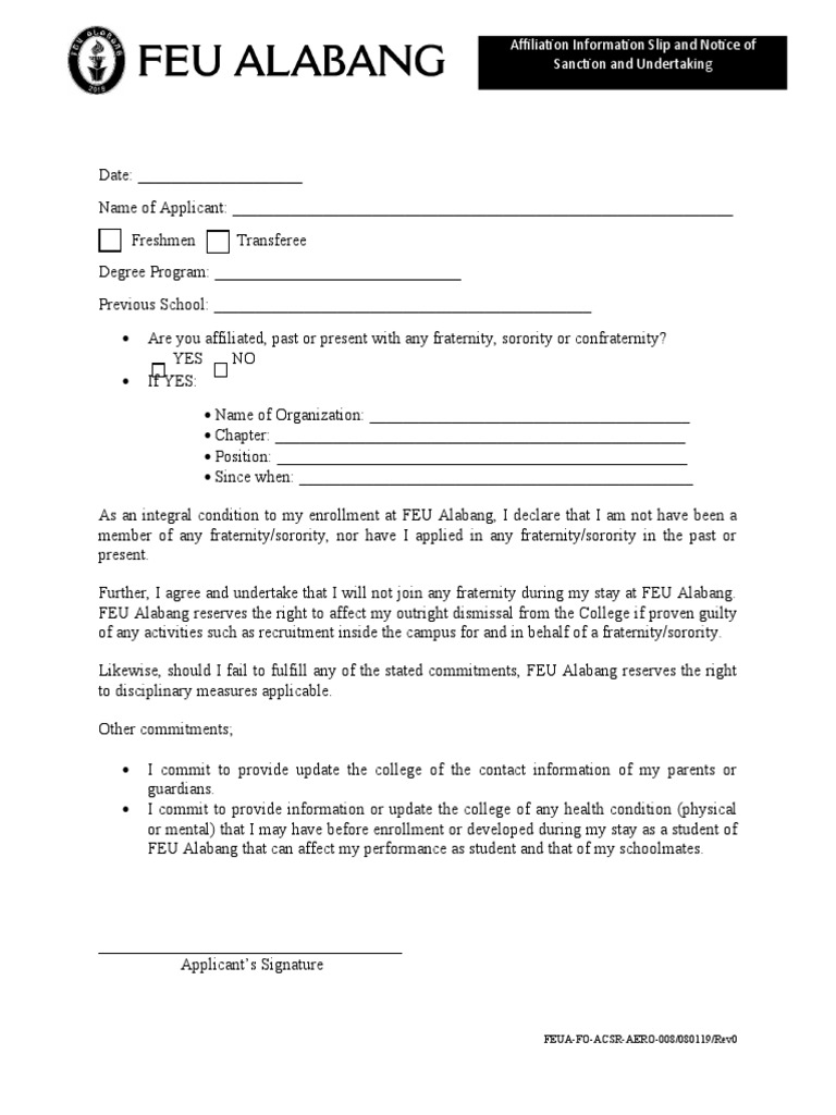 FEU Alabang Affiliation Sanction Form | PDF