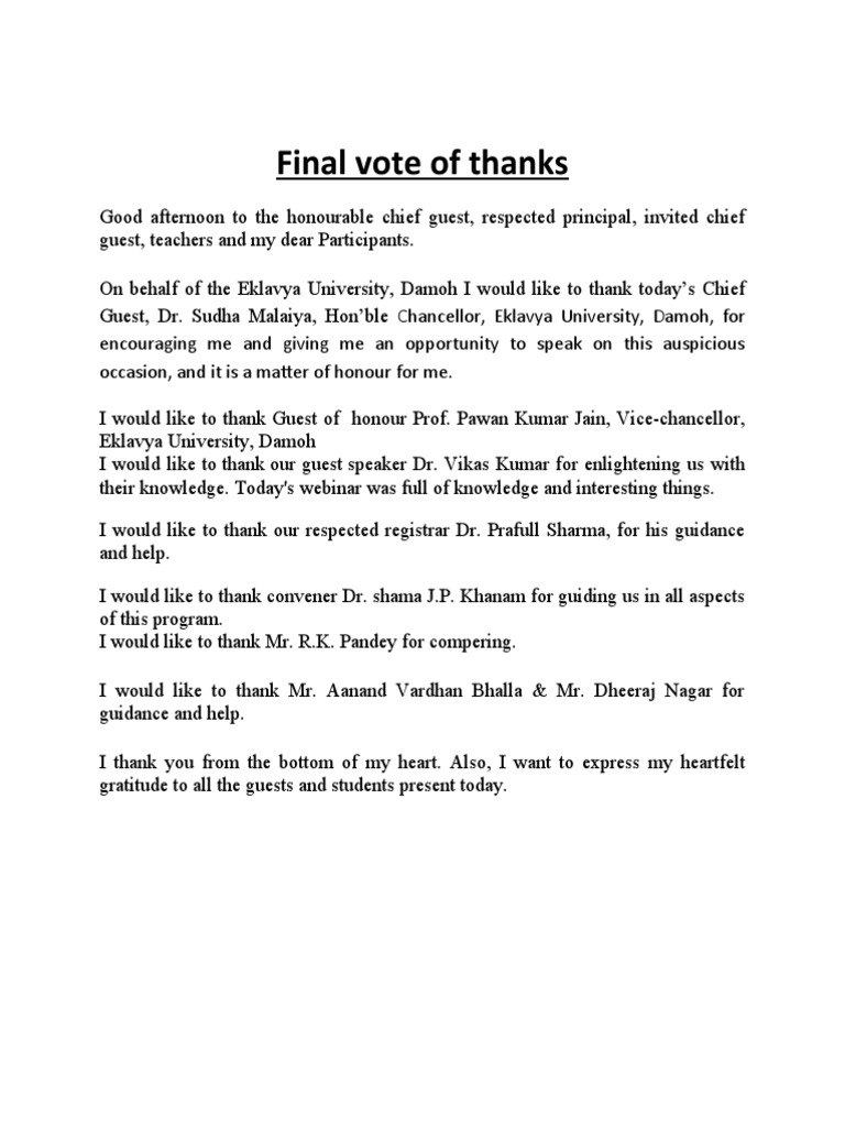 Vote of Thanks - Final | PDF