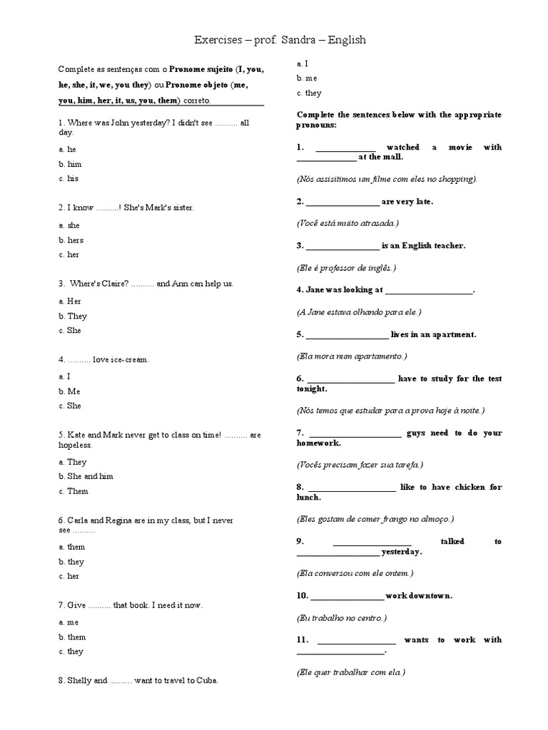 Exercises - Prof. Sandra - English | PDF | Grammatical Number | Syntax Exercises - Prof. Sandra - English | PDF | Grammatical Number | Syntax