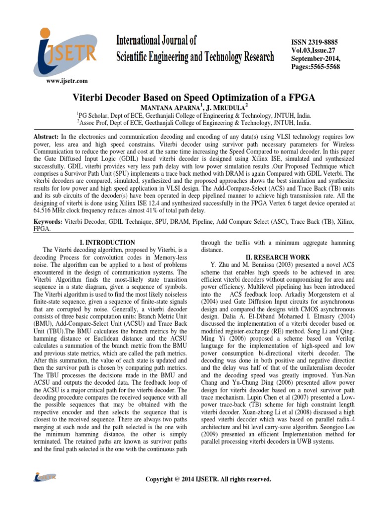 Viterbi Decoder Based On Speed Optimization of A FPGA: M A, J. M | Descargar gratis PDF | Field ...