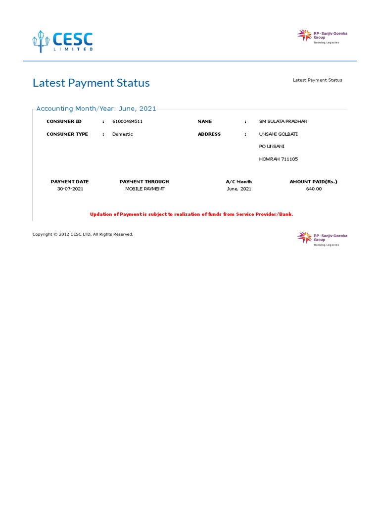 Latest Payment Status: Accounting Month/Year: June, 2021 | PDF