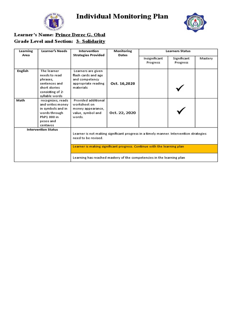 Individual Monitoring Plan: Learner's Name: Prince Derec G. Obal Grade ...