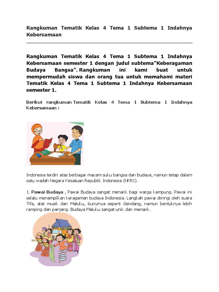 Rangkuman & Tugas Kelas 4 Tema 1 Subtema 1 Indahnya Kebersamaan | PDF