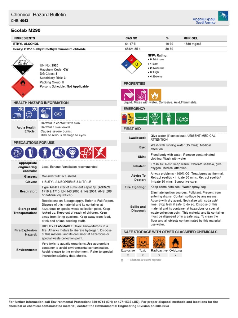 Chemical Hazard Bulletin: Ecolab M290 | PDF | Water | Waste