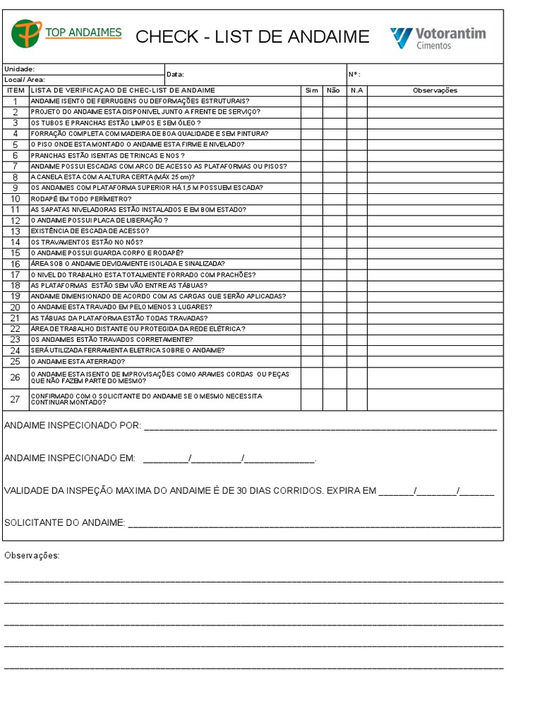 Checklist de Liberação de Andaime | PDF