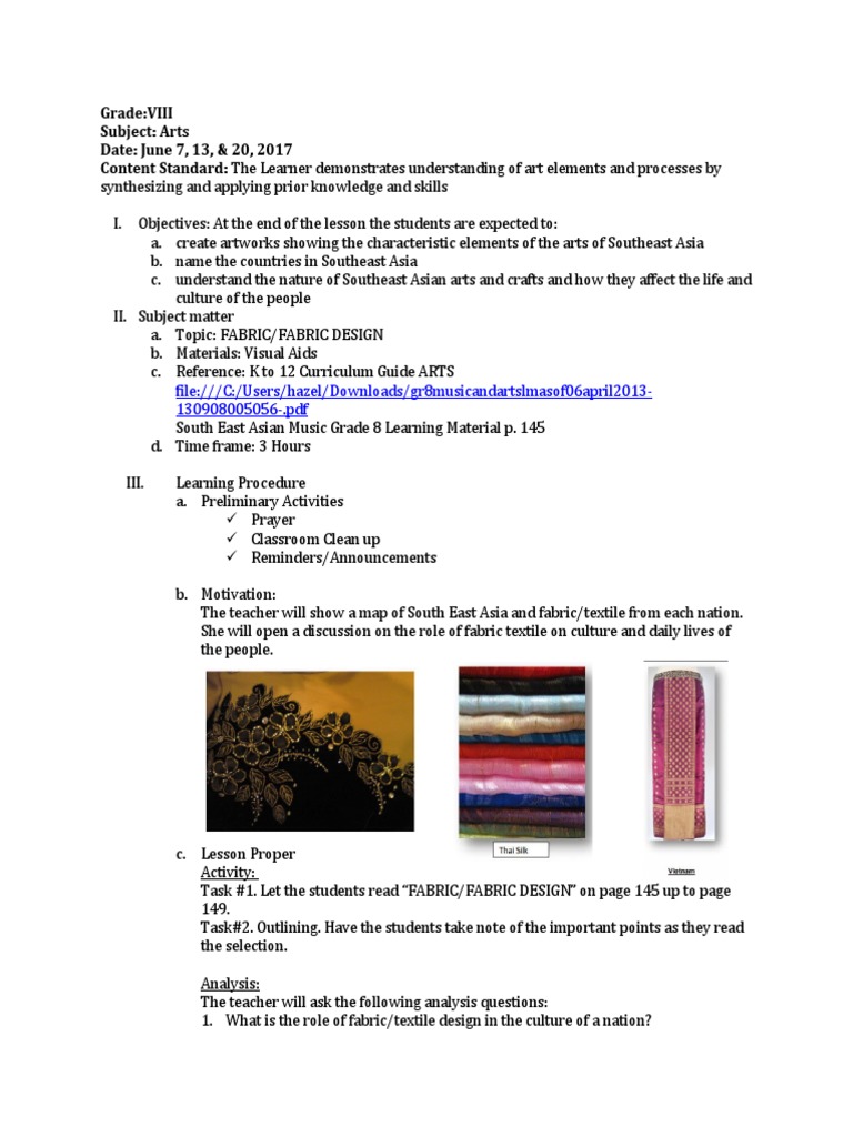 Lesson Plan Grade 8 Arts June 7, 13, and 20 | PDF | Weaving | Textile Arts