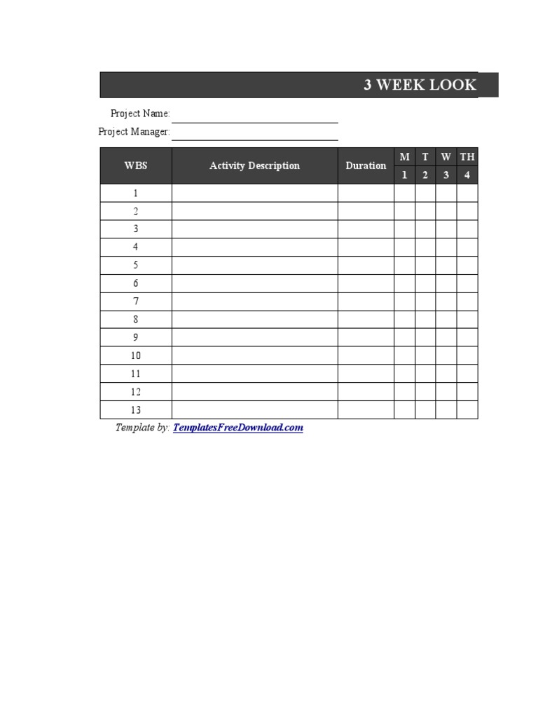 3 Week Look Ahead Schedule Template XLS: Project Name: Project Manager ...