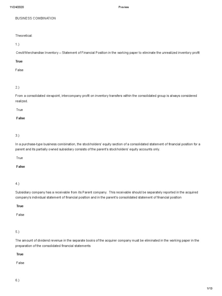 Business Combination Consolidation Questions | PDF | Debits And Credits ...