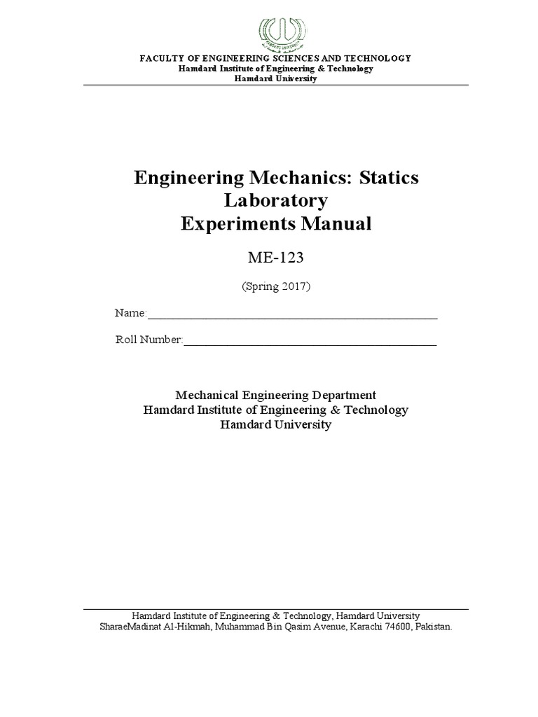 Engineering Experiments Manual Engineering Mechanics: Statics ...