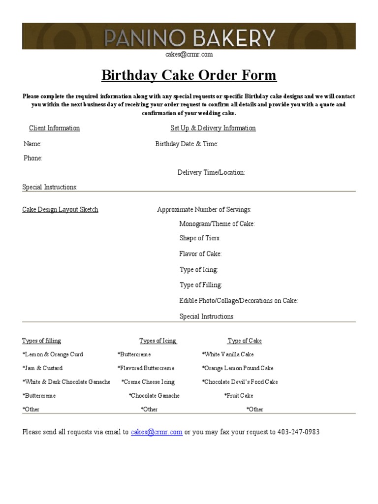 Birthday Cake Order Form for Client Requesting Custom Cake Design and ...