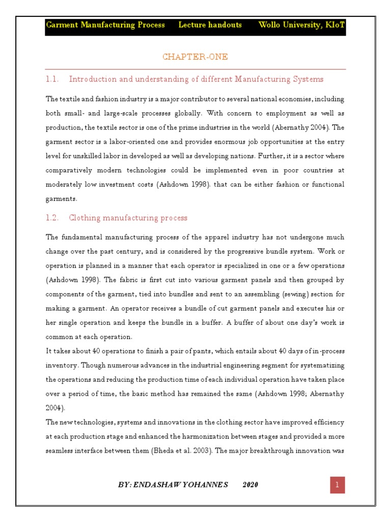 Chapter 1 Introduction To Garment Manufacturing Process Pdf