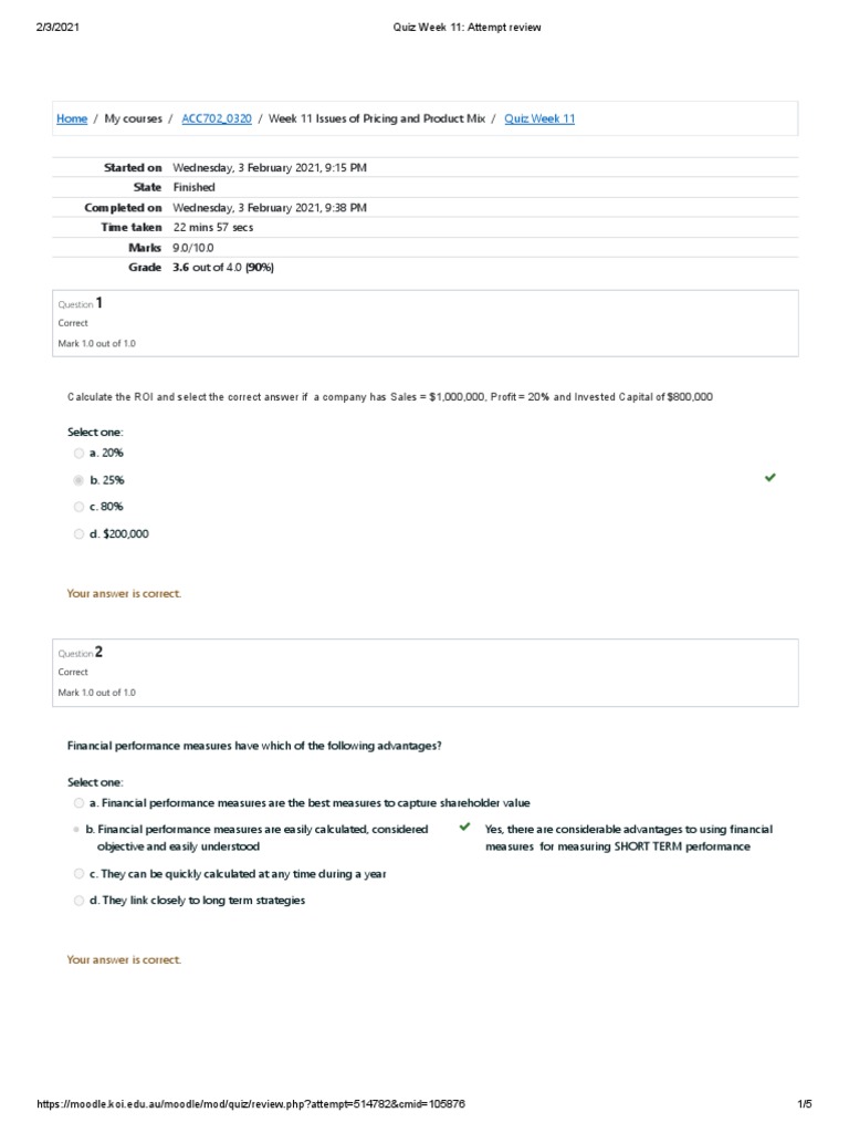 Quiz Week 11 - Attempt Review 2nd | PDF | Return On Investment ...