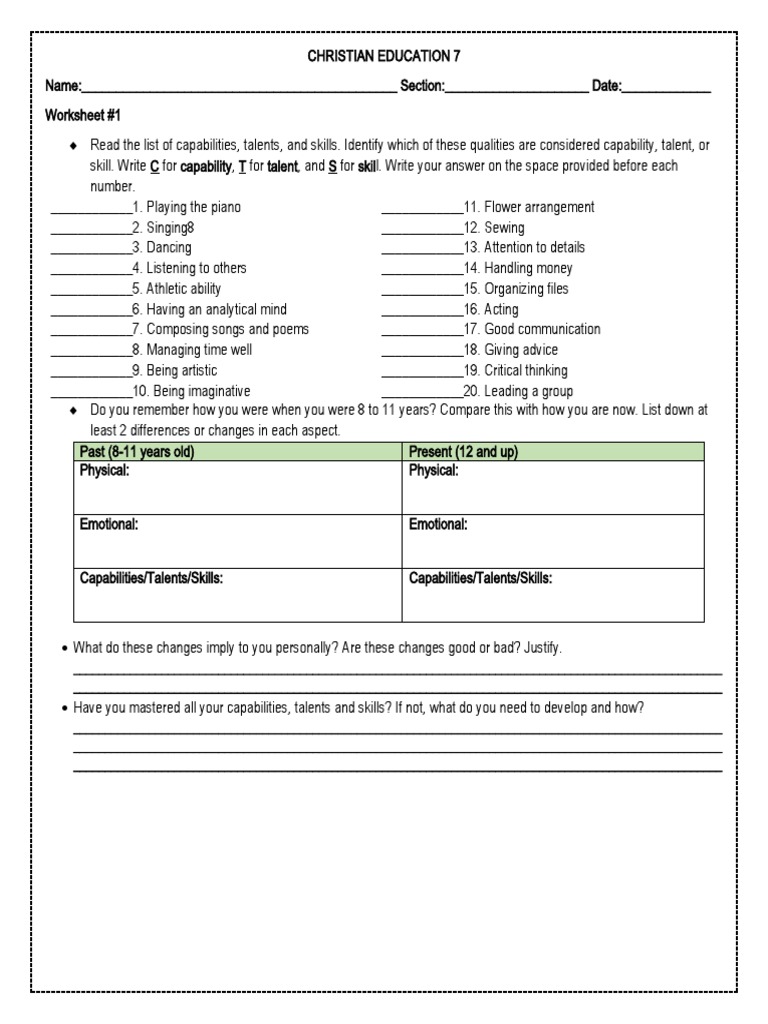 Skills and Talents Worksheet for Students | PDF | Human Nature ...
