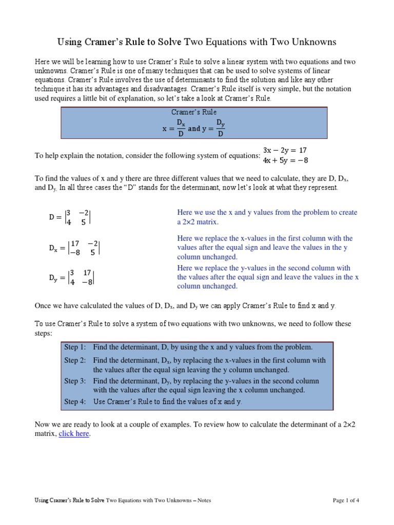Cramers Rule 2 By 2 Notes Pdf Determinant Numerical Analysis
