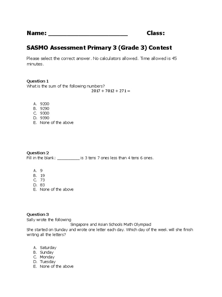 P3 Assessment Paper - 2017 15 Questions | PDF | Mathematics