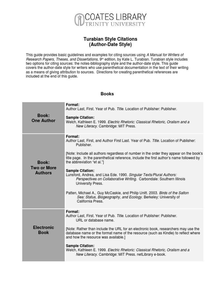 Turabian Style Citations (Author-Date Style) : Books | PDF | A Manual ...