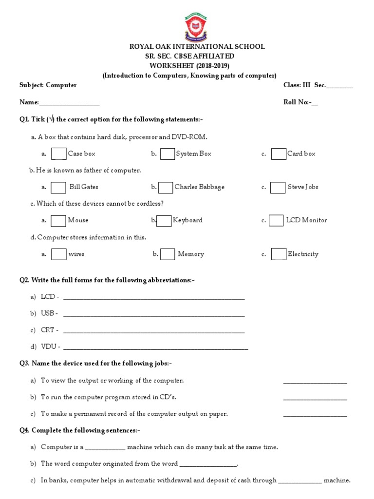 Holiday Homework Computer Worksheet Class III | PDF | Information Age ...